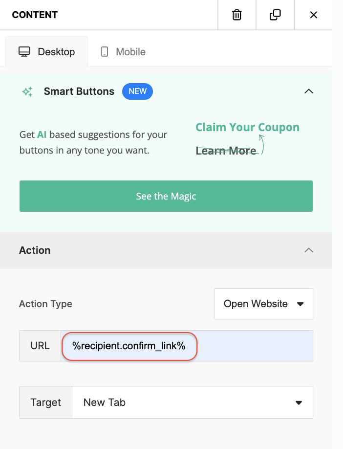 Add a confirmation link placeholder to an email template